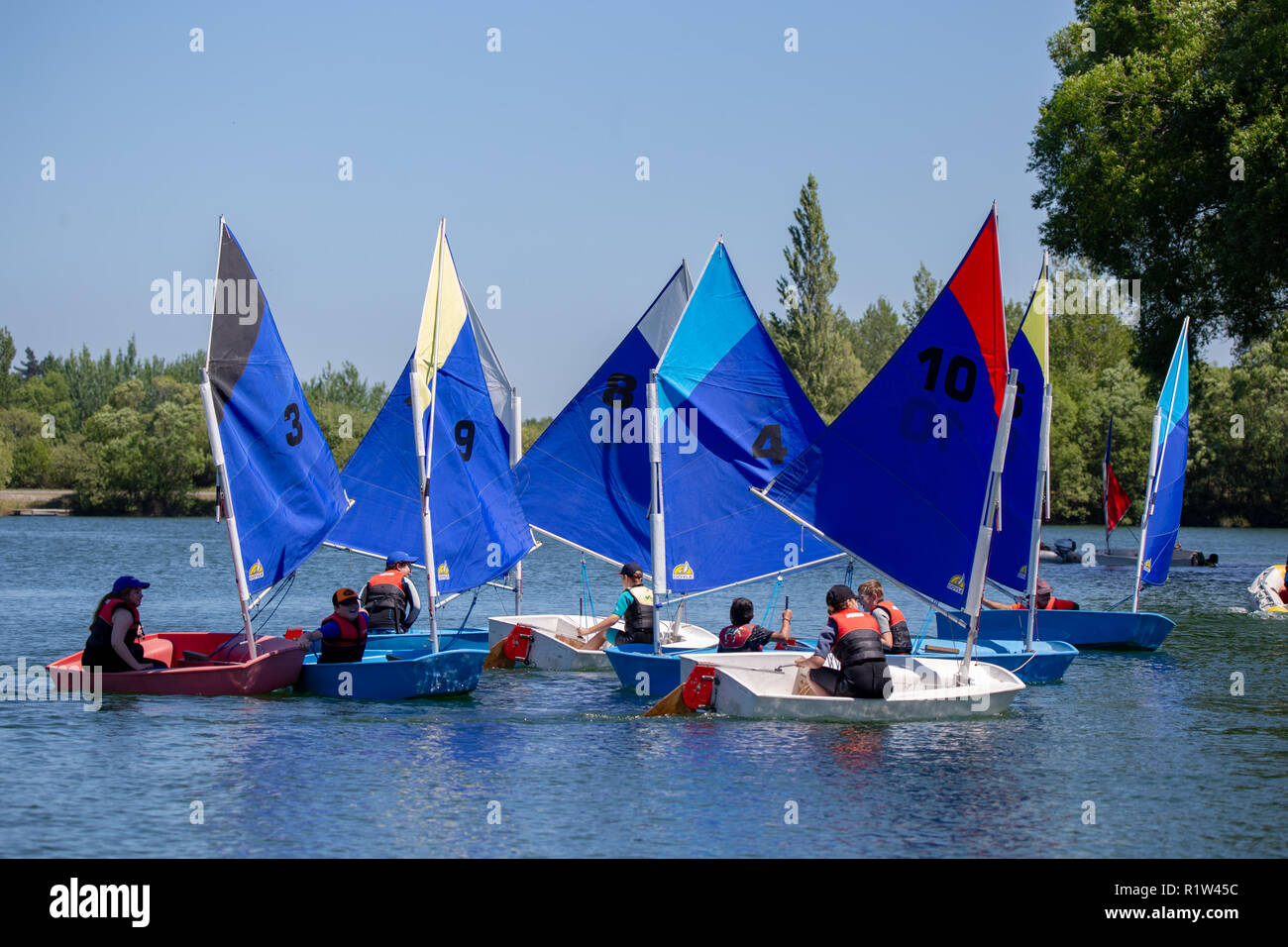 Students receive sailing lessons at Lake Rua in Canterbury, New Zealand ...