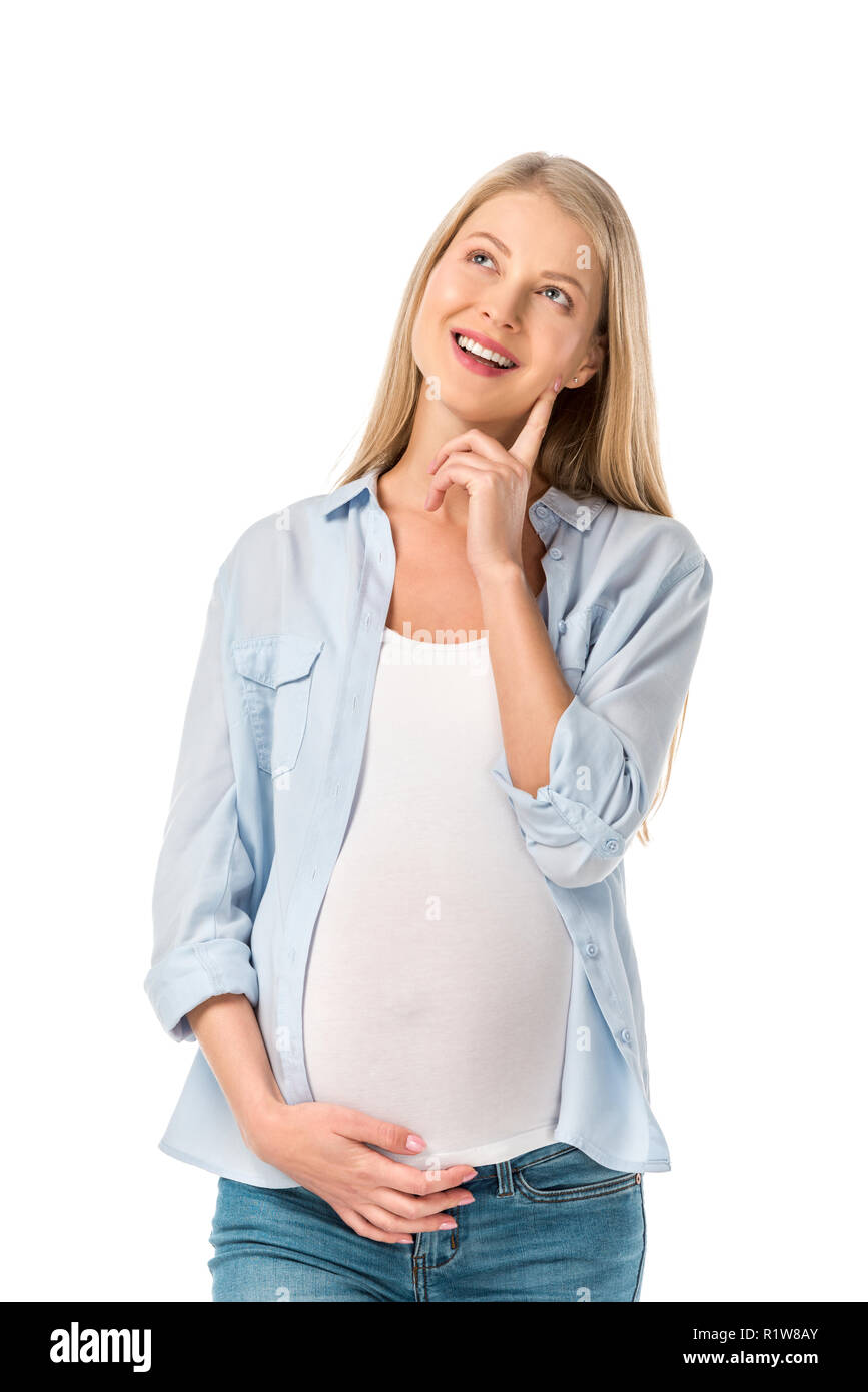 dreamy pregnant woman looking up isolated on white Stock Photo - Alamy