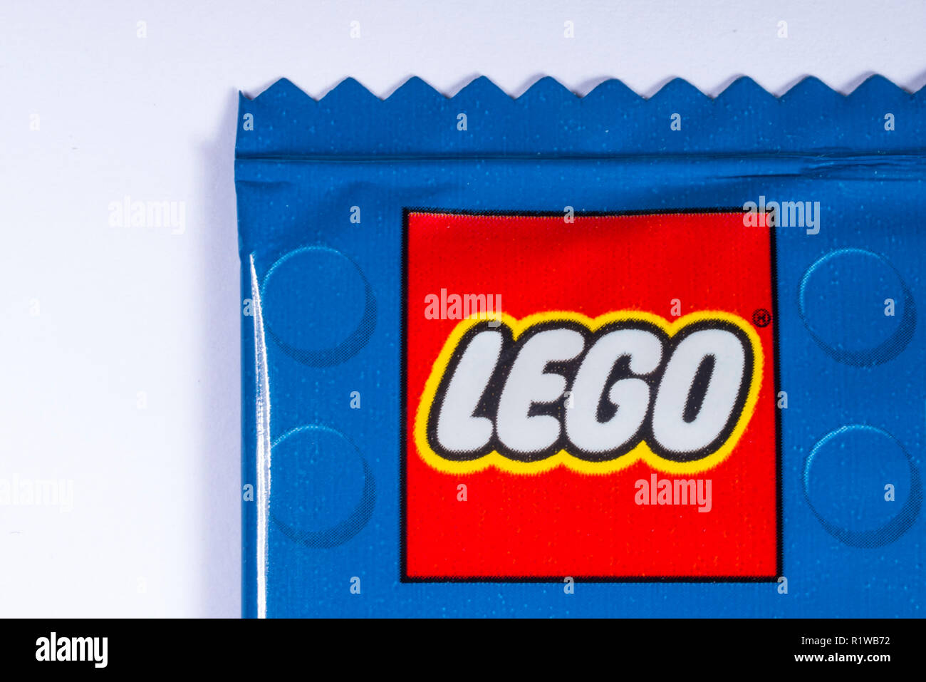 London, UK - November 14th 2018: A close-up of the Lego company logo ...