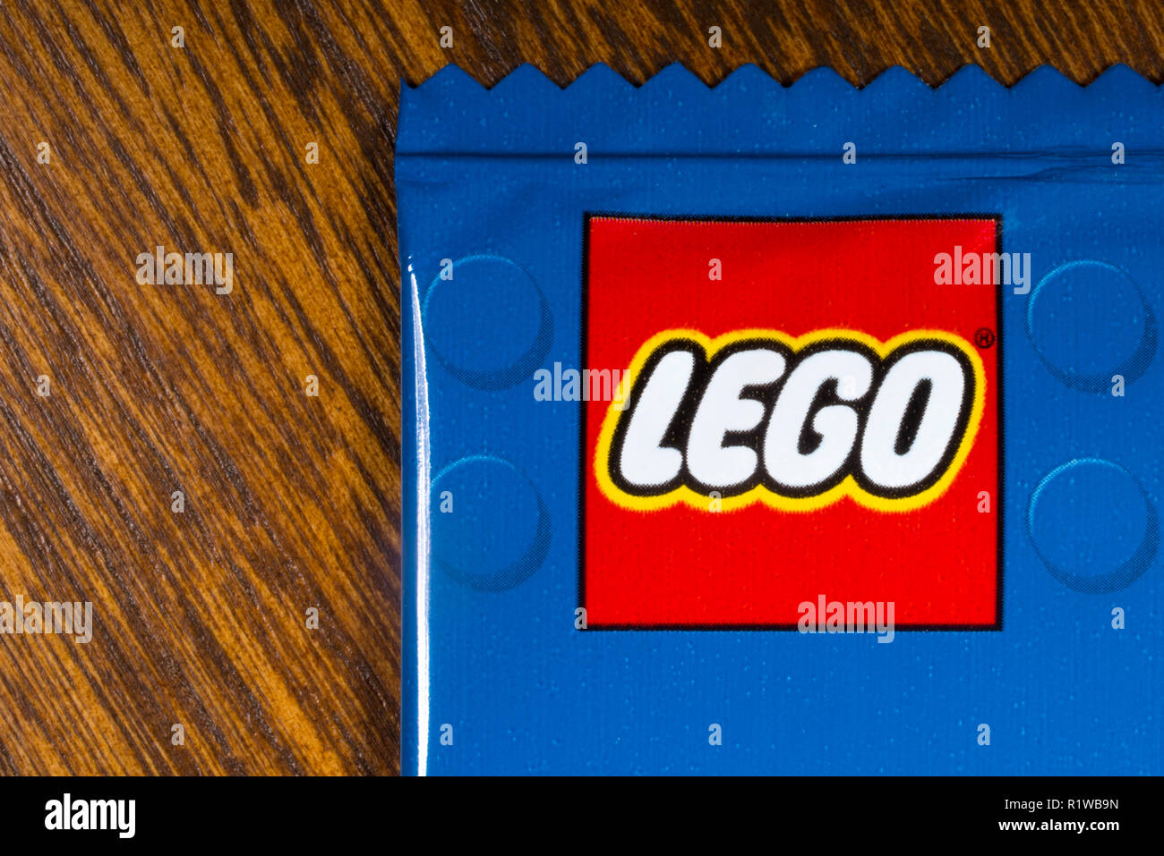 London, UK - November 14th 2018: A close-up of the Lego company logo ...