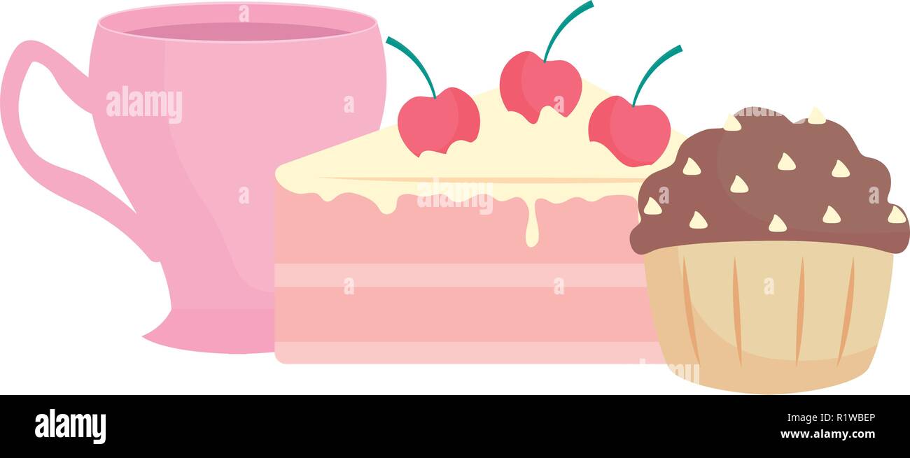 coffee mug with piece of cake and cupcake over white background ...