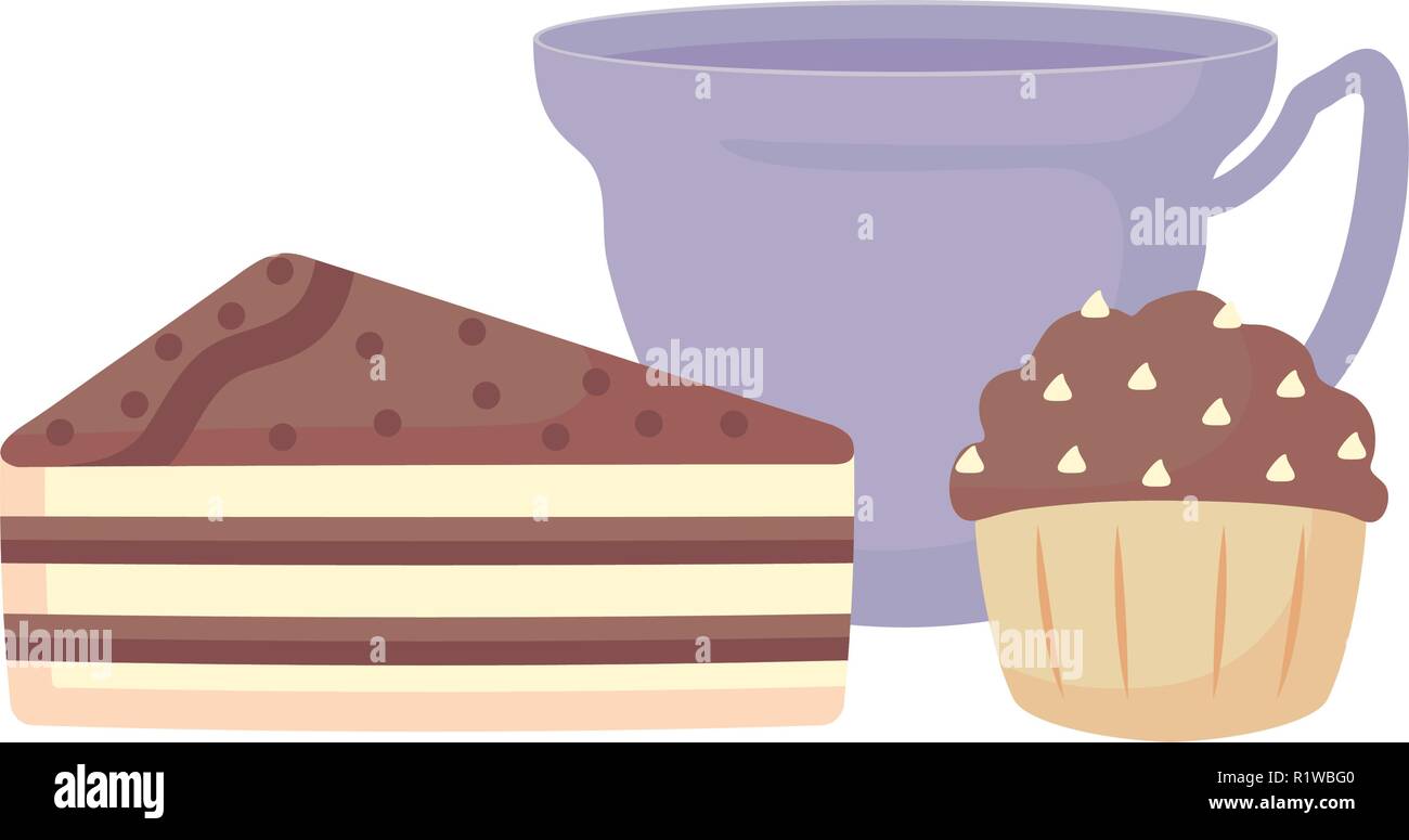 coffee mug with piece of cake and cupcake over white background ...
