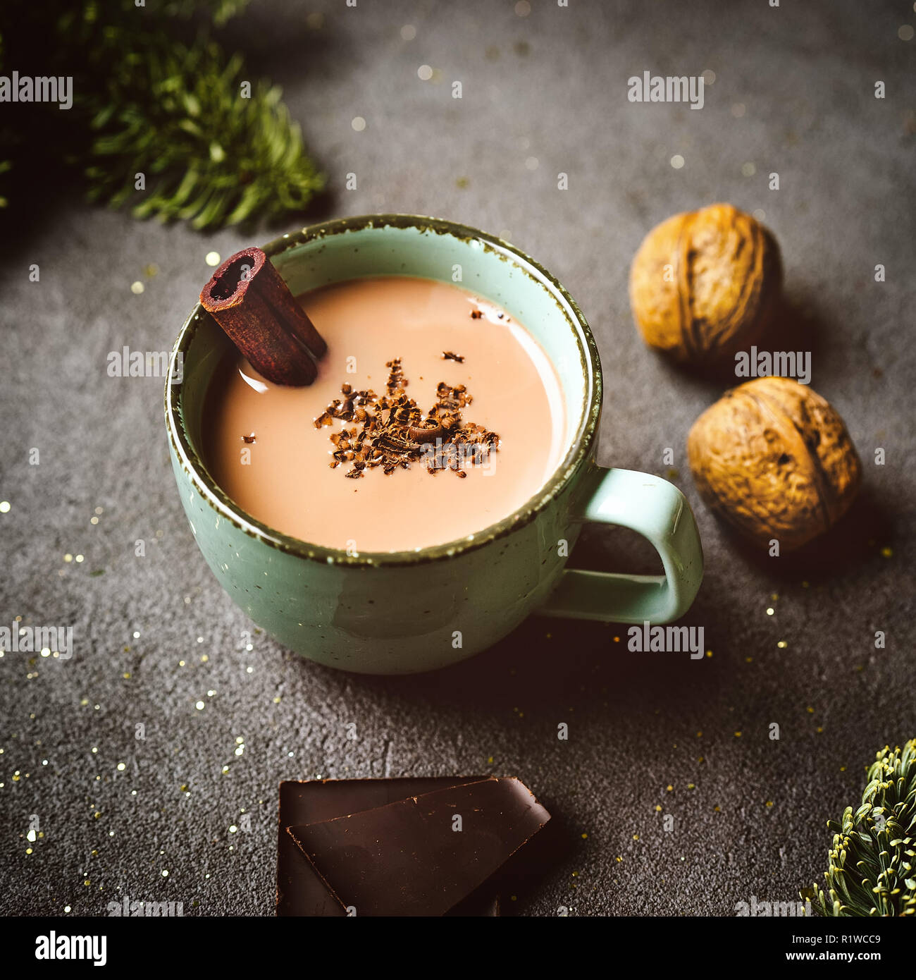 Close up of cup with hot chocolate in rustic style Stock Photo - Alamy