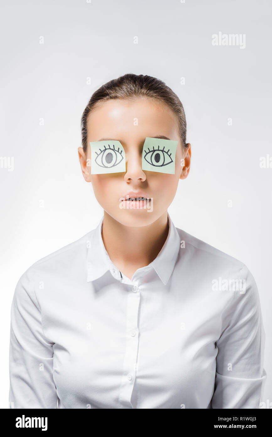 young woman with sticky notes and drawn open eyes Stock Photo - Alamy