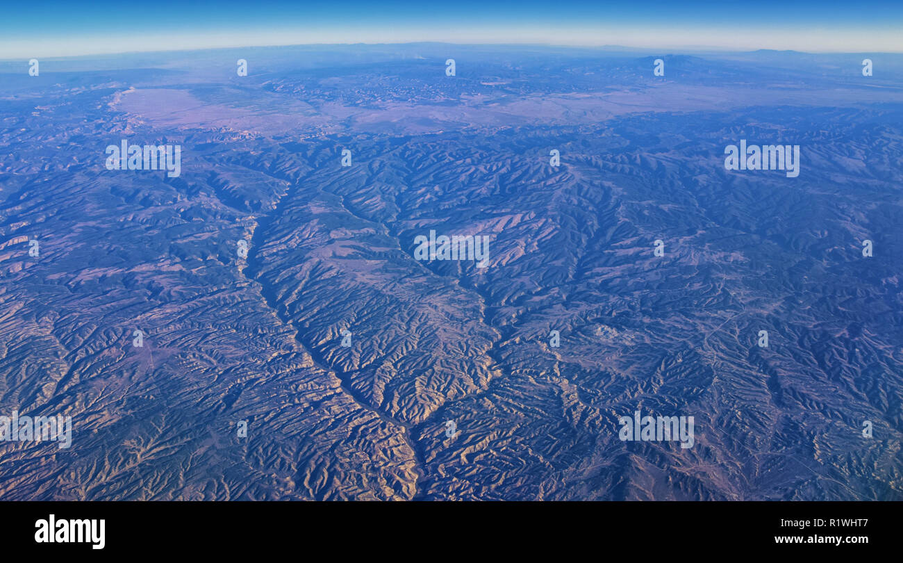 Aerial view of topographical Rocky Mountain landscapes on flight over ...