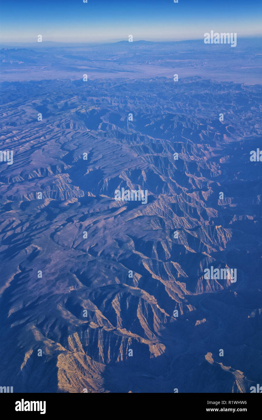 Aerial view of topographical Rocky Mountain landscapes on flight over ...