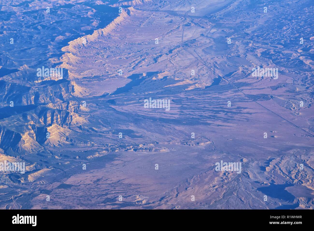Aerial view of topographical Rocky Mountain landscapes on flight over ...