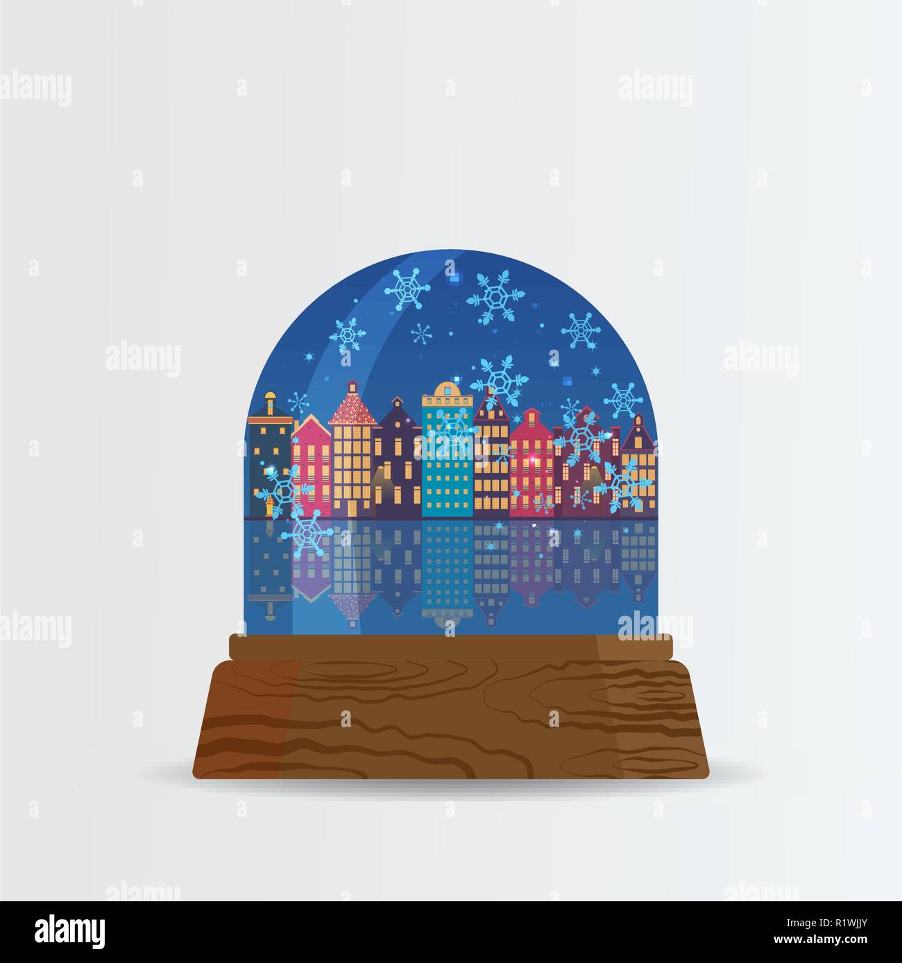 Snow ball, snow globe with snow fall and Amsterdam street with frozen ...