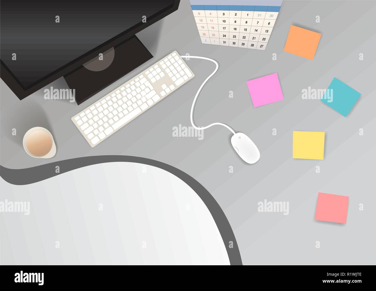 Workplace with computer, memo, mouse and surface to text . Clean ...