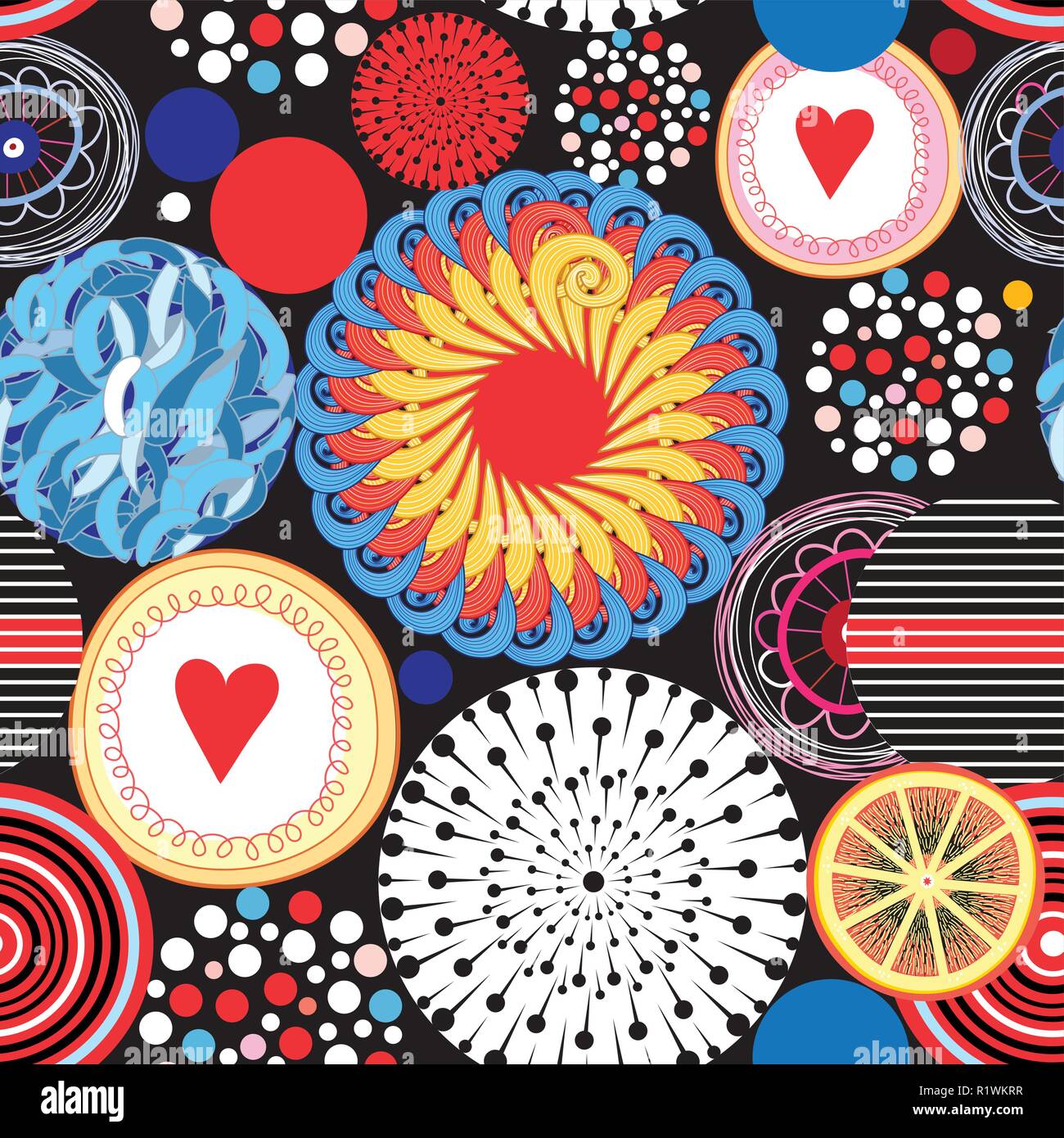 Bright seamless pattern of different round elements on a dark ...