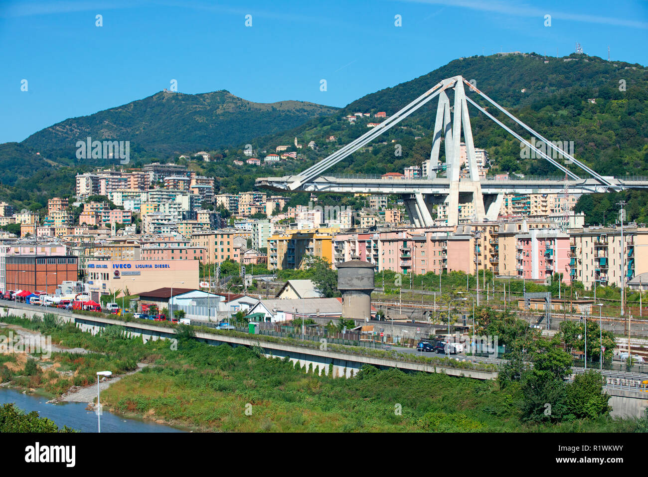 Genoa, Italy, what remains of collapsed Morandi Bridge connecting A10 ...