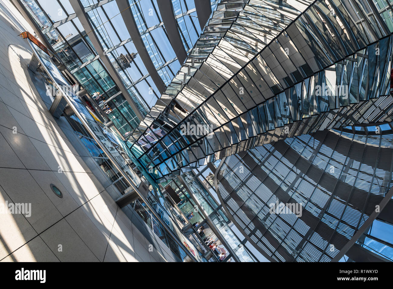 The inside of the dome on top of the Reichstag building in Berlin ...
