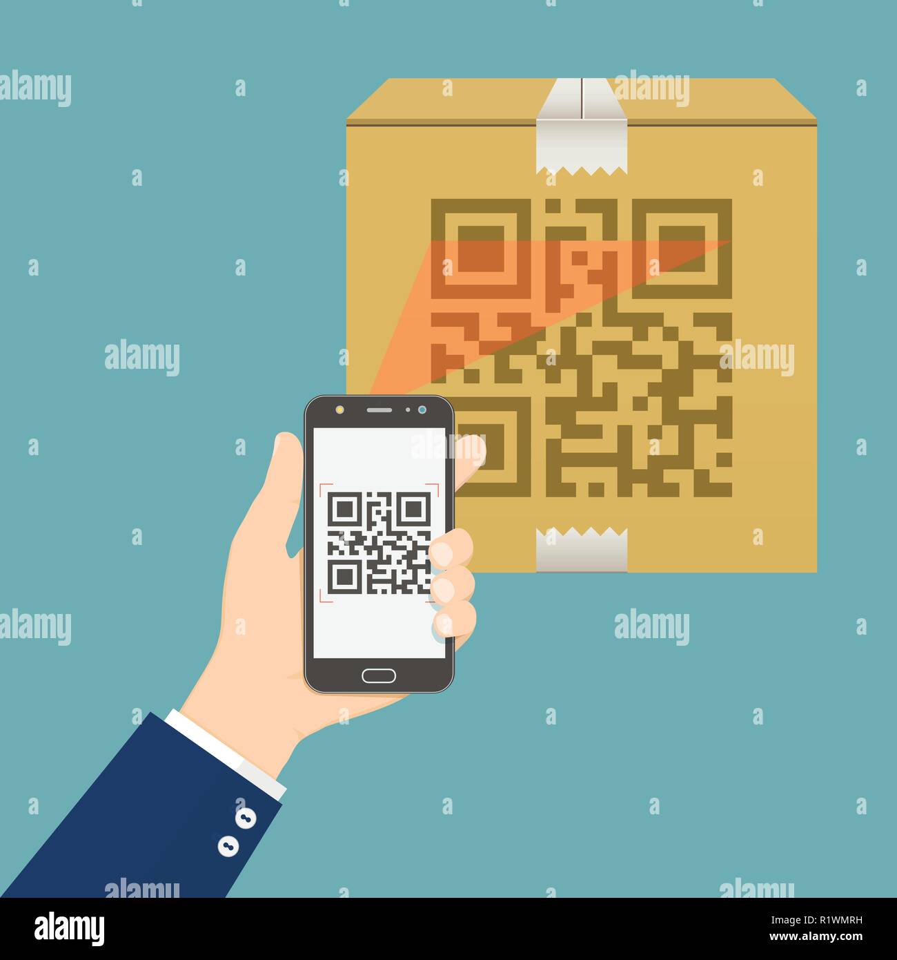Hand holding mobile phone scanning QR code on cardboard box Stock ...