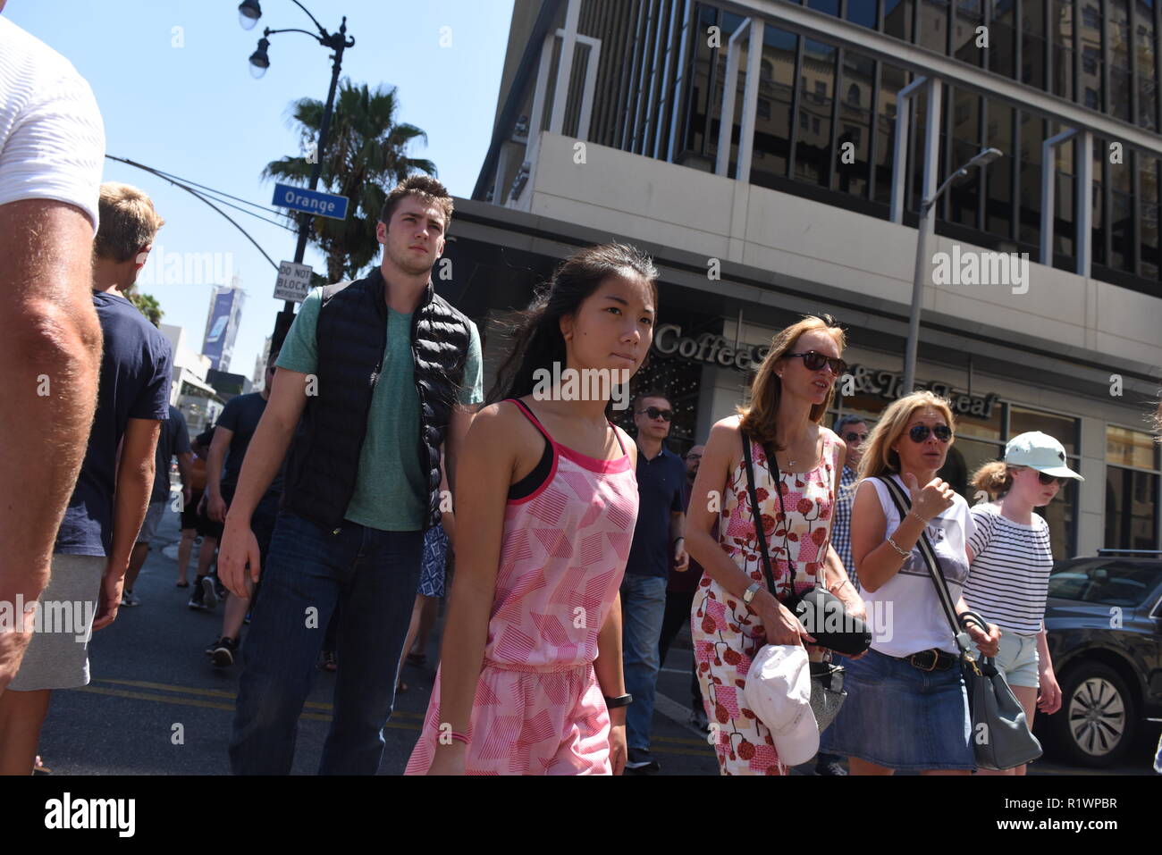 HOLLYWOOD - August 7, 2018: People on the world famous walk of fame on ...