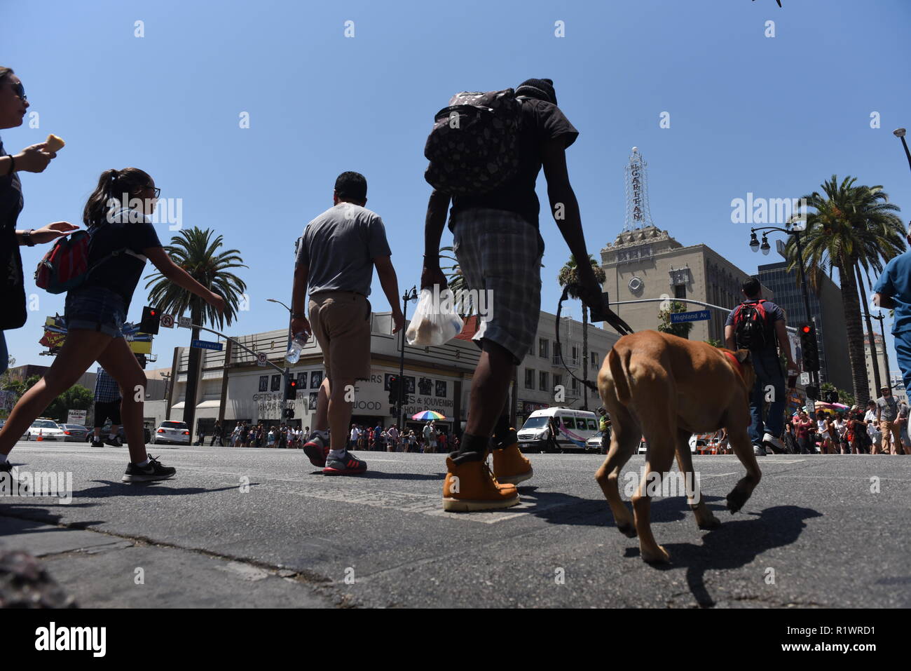 HOLLYWOOD - August 7, 2018: People crossing the road from low angle ...