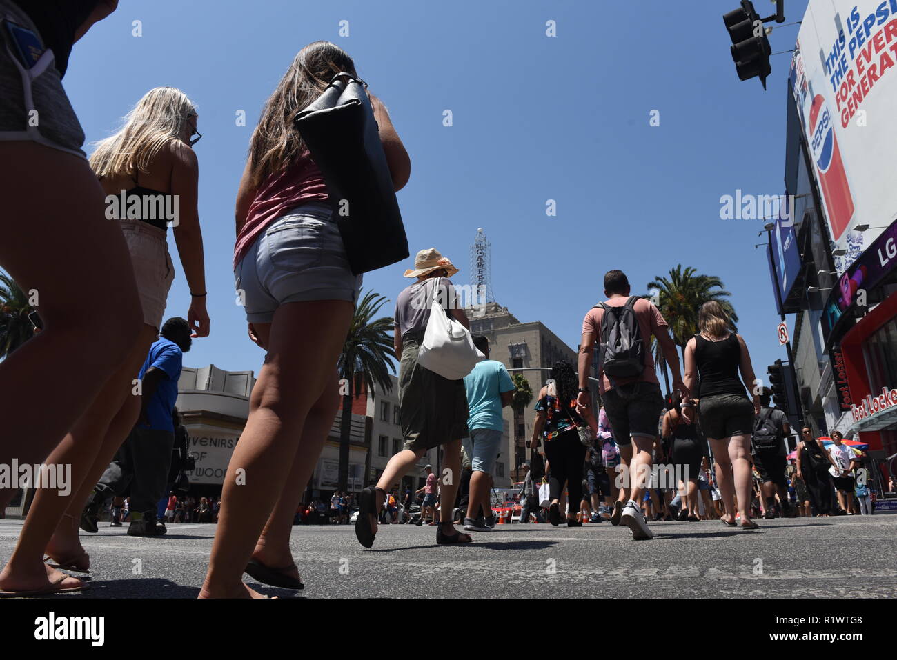 HOLLYWOOD - August 7, 2018: People crossing the road from low angle ...