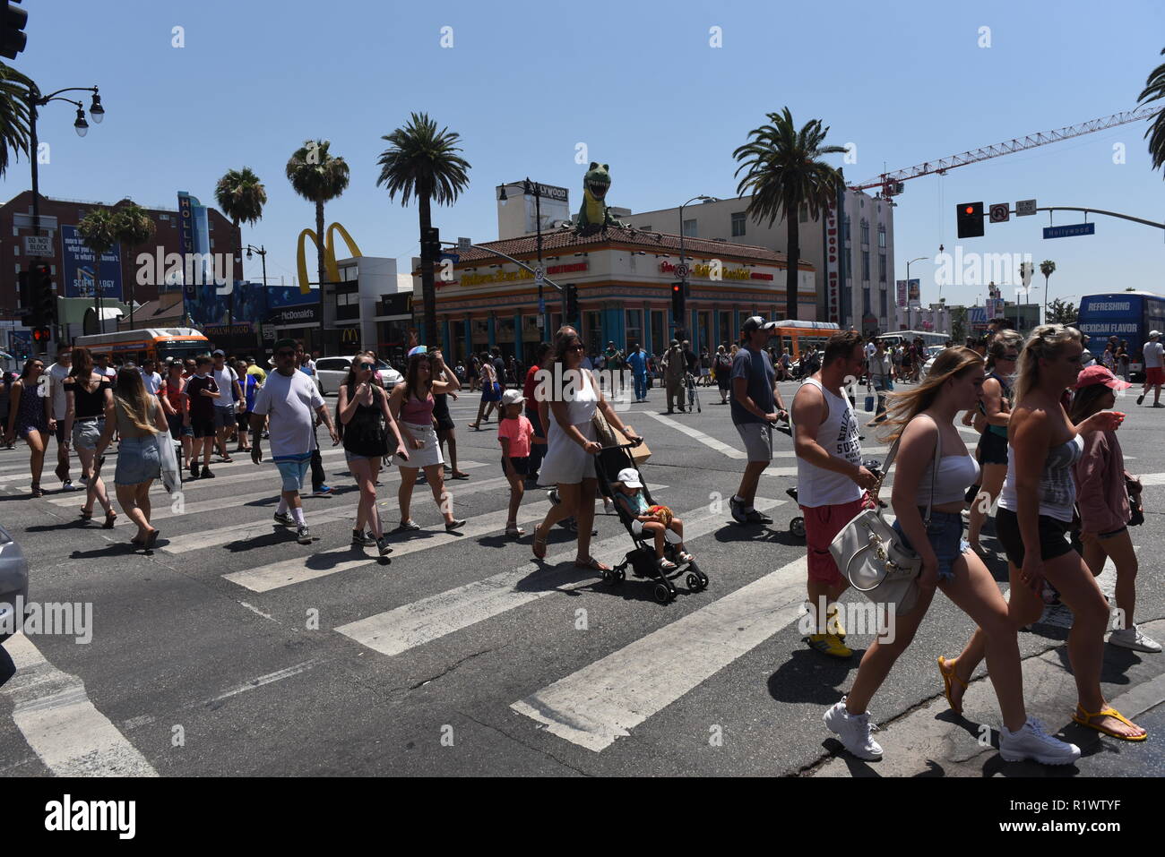 HOLLYWOOD - August 7, 2018: People on the world famous walk of fame on ...