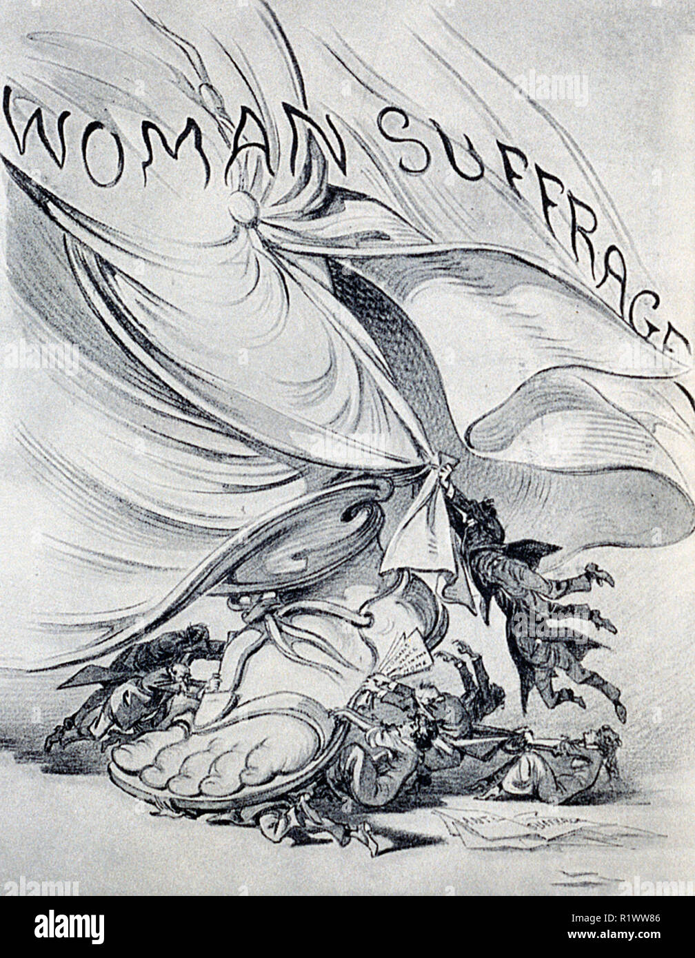"All together now! Stop her!" - Illustration shows several diminutive ...