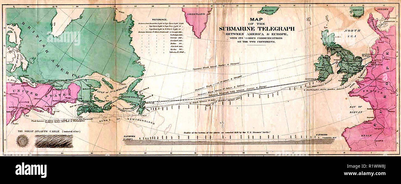 Map of the 1858 Atlantic Cable route Stock Photo - Alamy