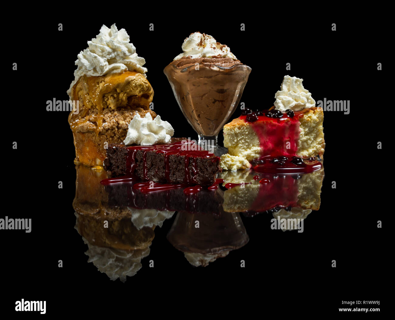 restaurant sampler of dessert isolated on a black background Stock ...