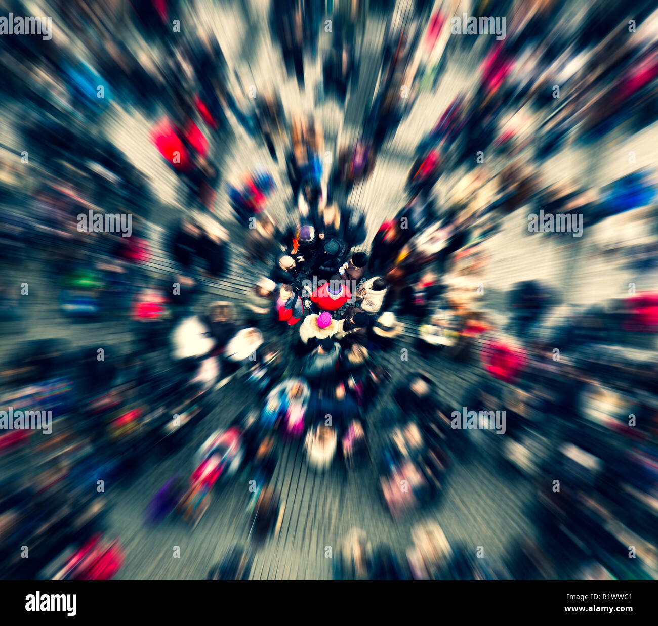 Top view of the crowd with zoom effect on a person in the middle Stock ...