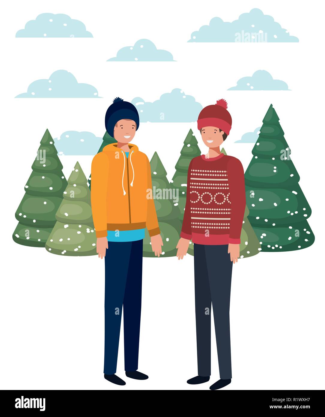 men with winter clothes and winter pine trees avatar character Stock ...