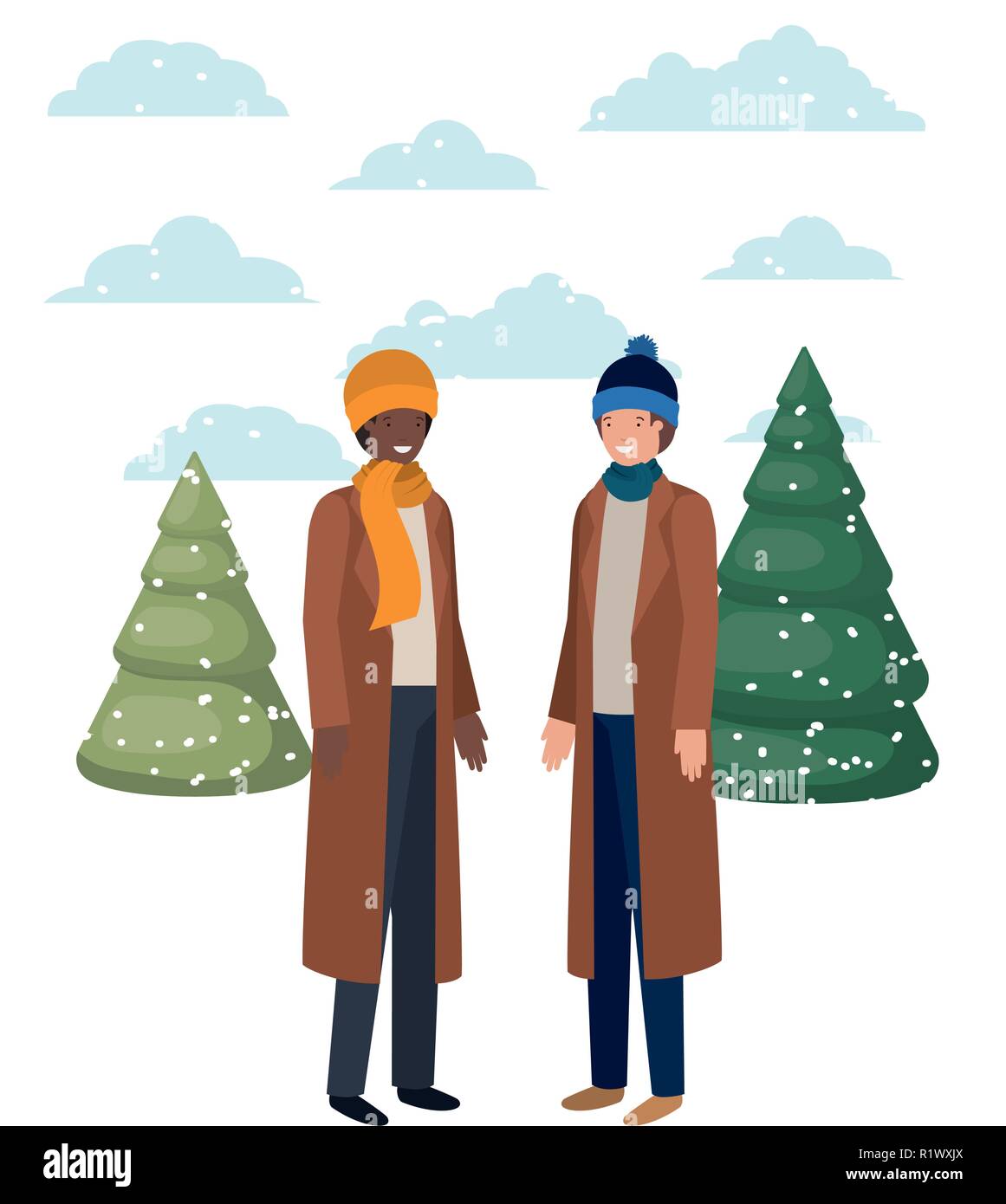 men with winter clothes and winter pine trees avatar character Stock ...