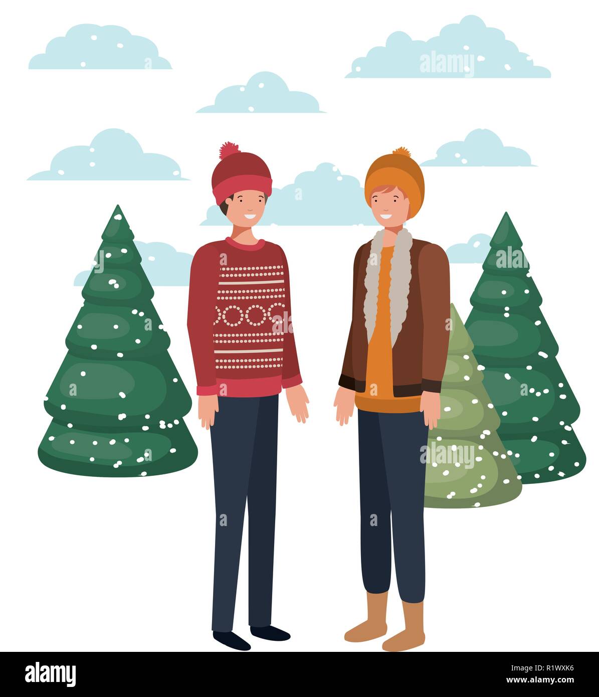 men with winter clothes and winter pine trees avatar character Stock ...