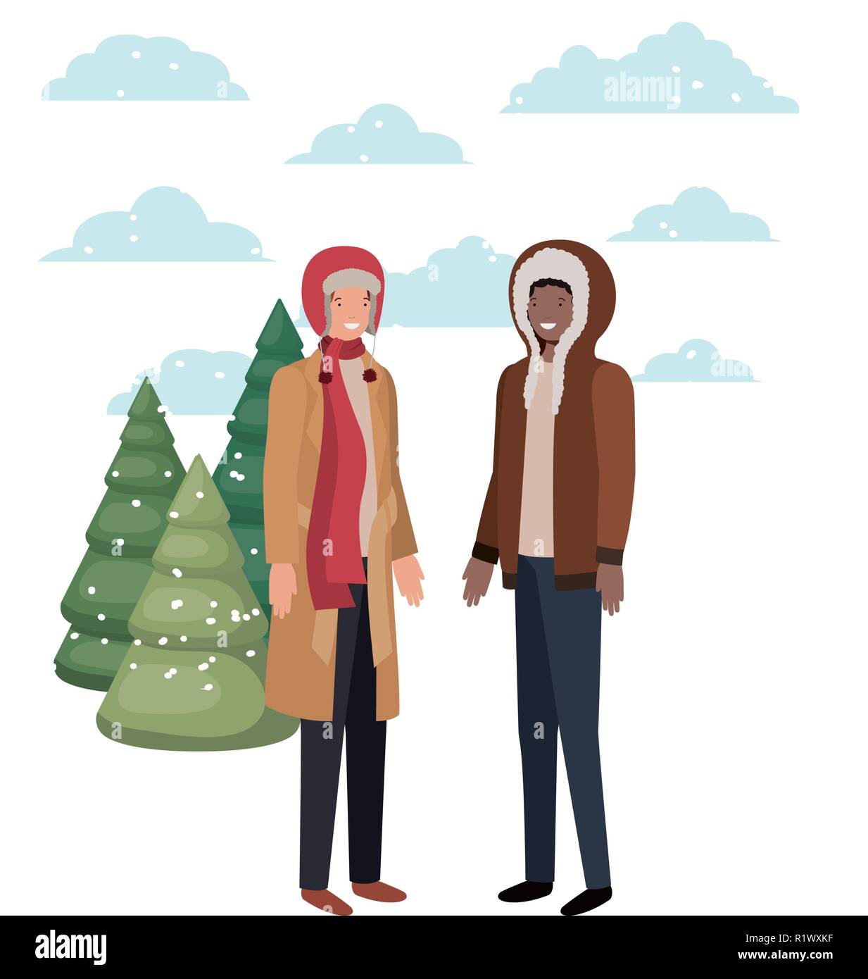men with winter clothes and winter pine trees avatar character Stock ...