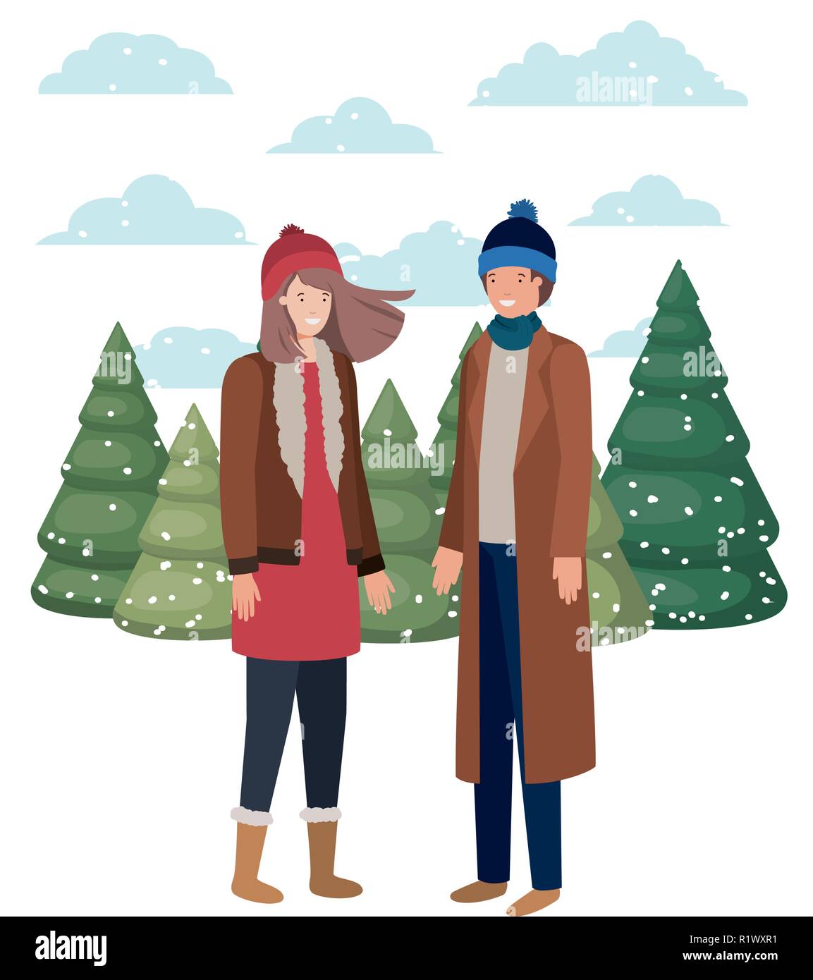 couple with winter clothes and winter pine avatar character Stock ...