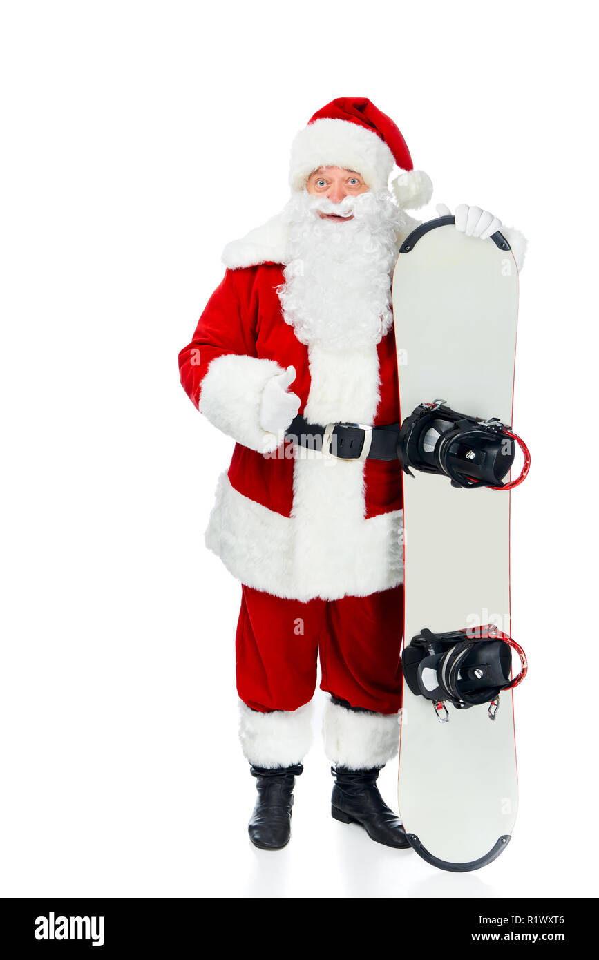 Santa claus with snowboard showing thumb up isolated on white Stock ...