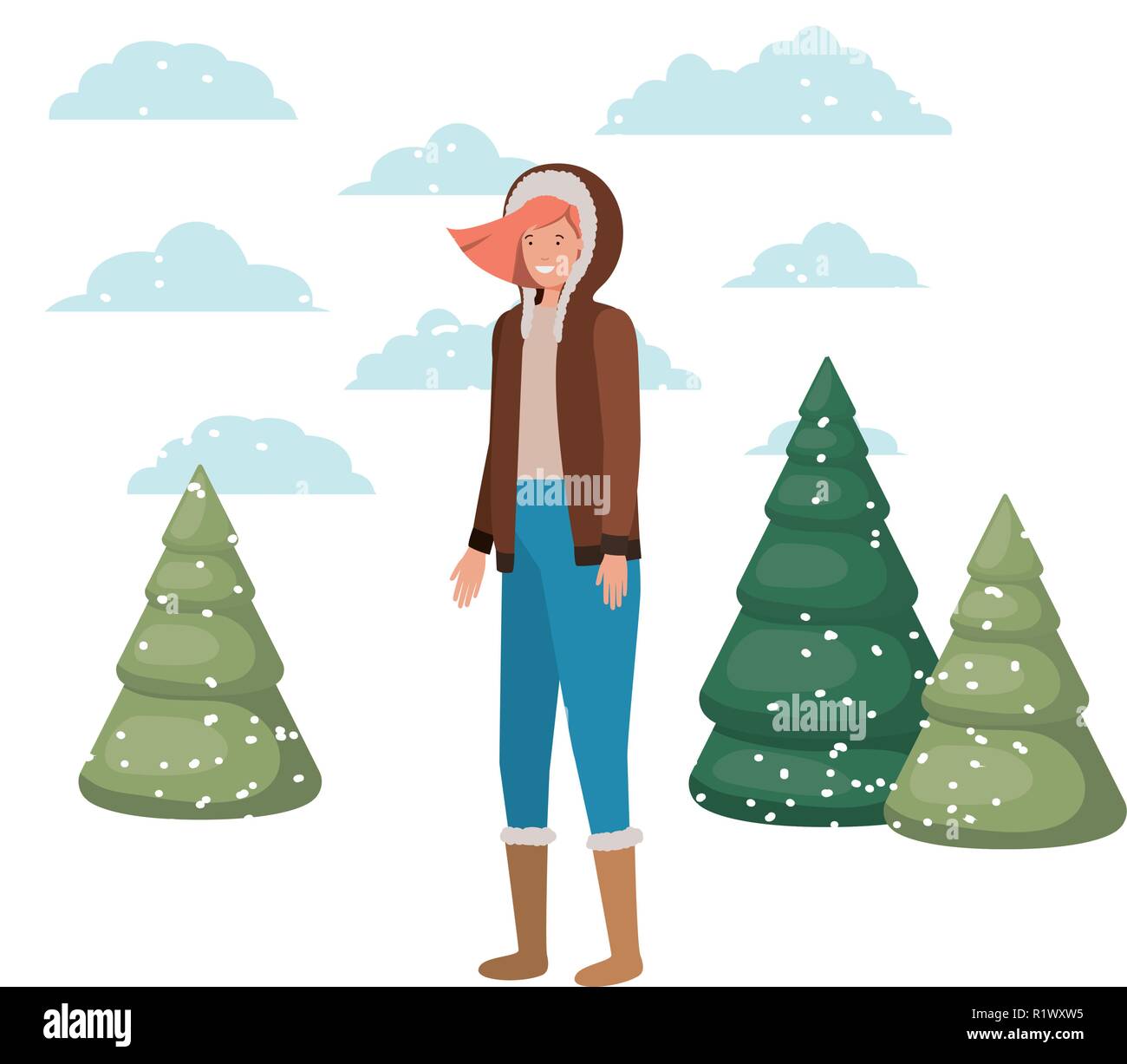 young woman with winter clothes and winter pines avatar character Stock ...