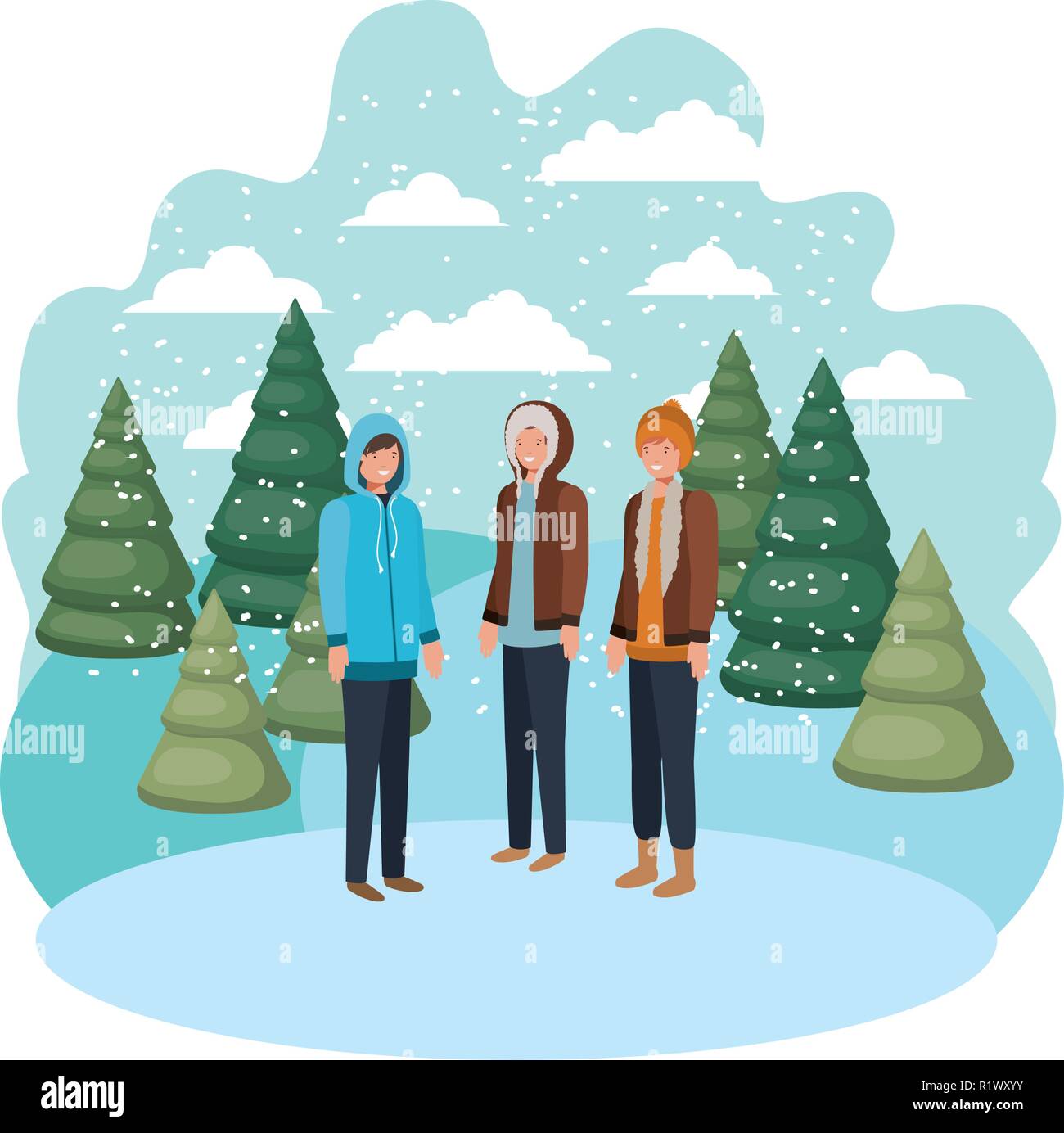 group of people with winter clothes and christmas trees avatar ...