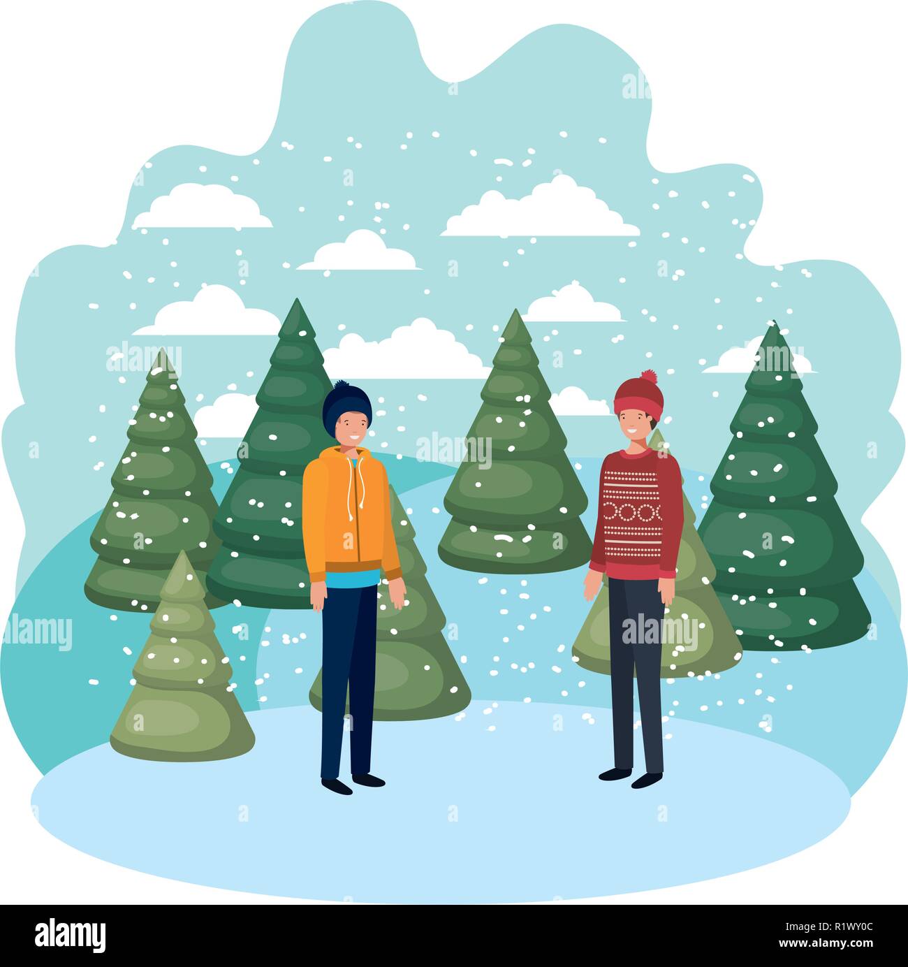 men with winter clothes and winter pine trees avatar character Stock ...