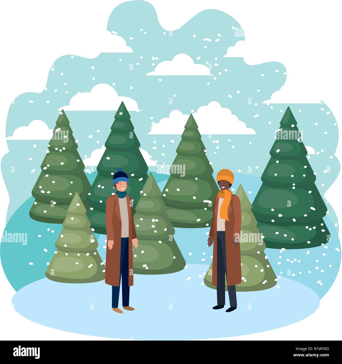 men with winter clothes and winter pine trees avatar character Stock ...