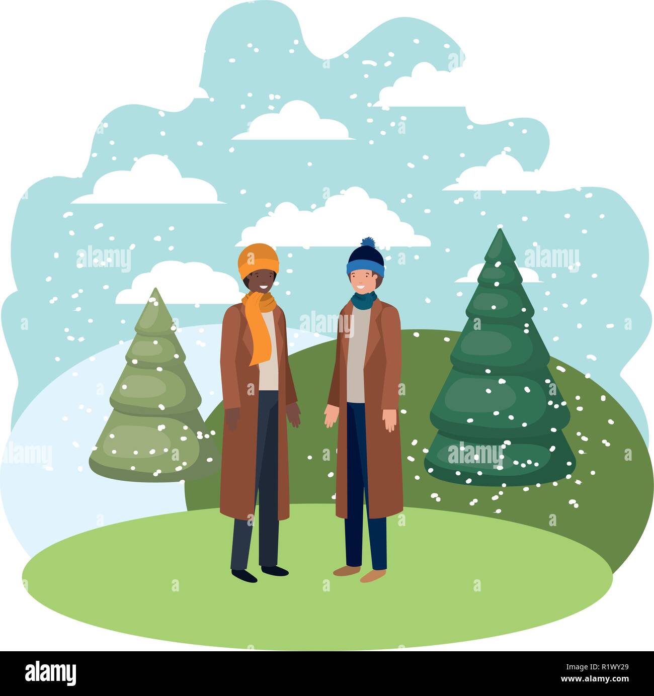 men with winter clothes and winter pine trees avatar character Stock ...
