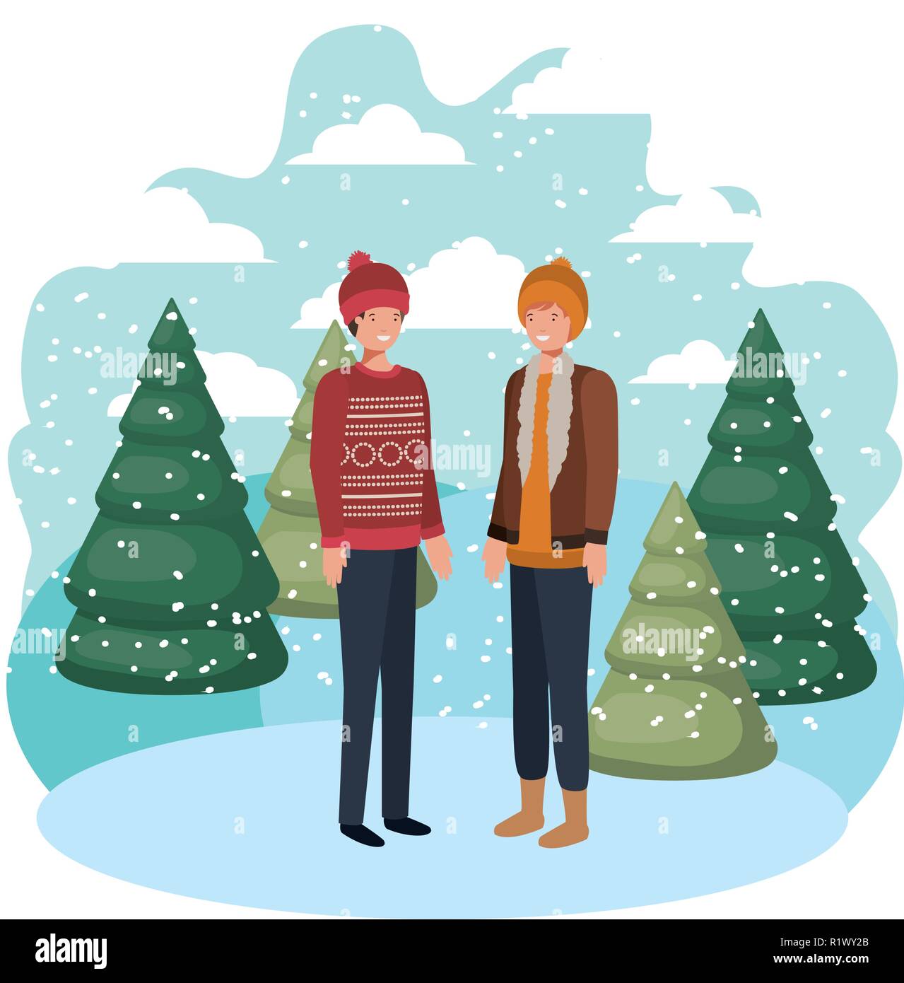 men with winter clothes and winter pine trees avatar character Stock ...