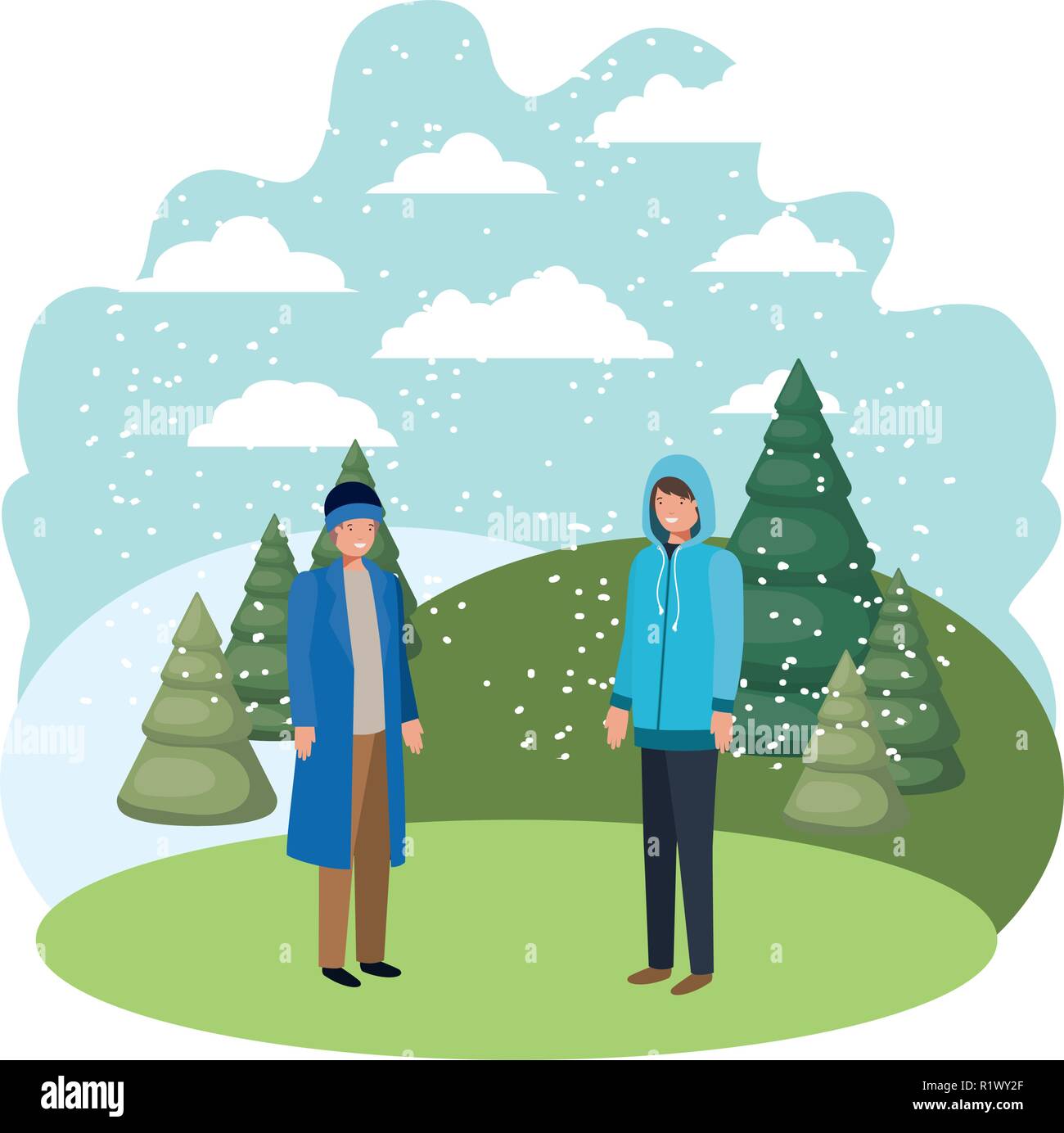 men with winter clothes and winter pine trees avatar character Stock ...