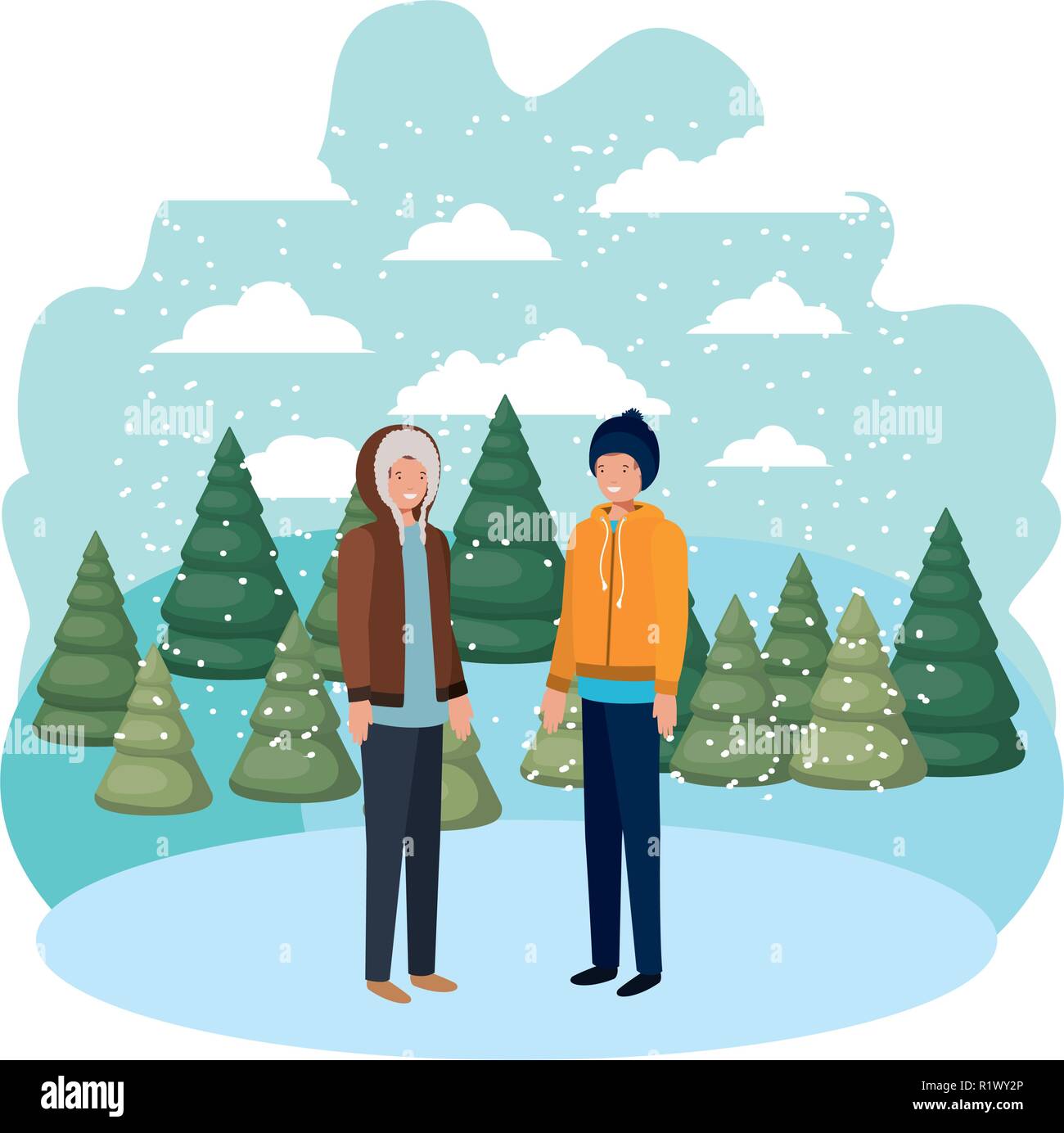 men with winter clothes and winter pine trees avatar character Stock ...