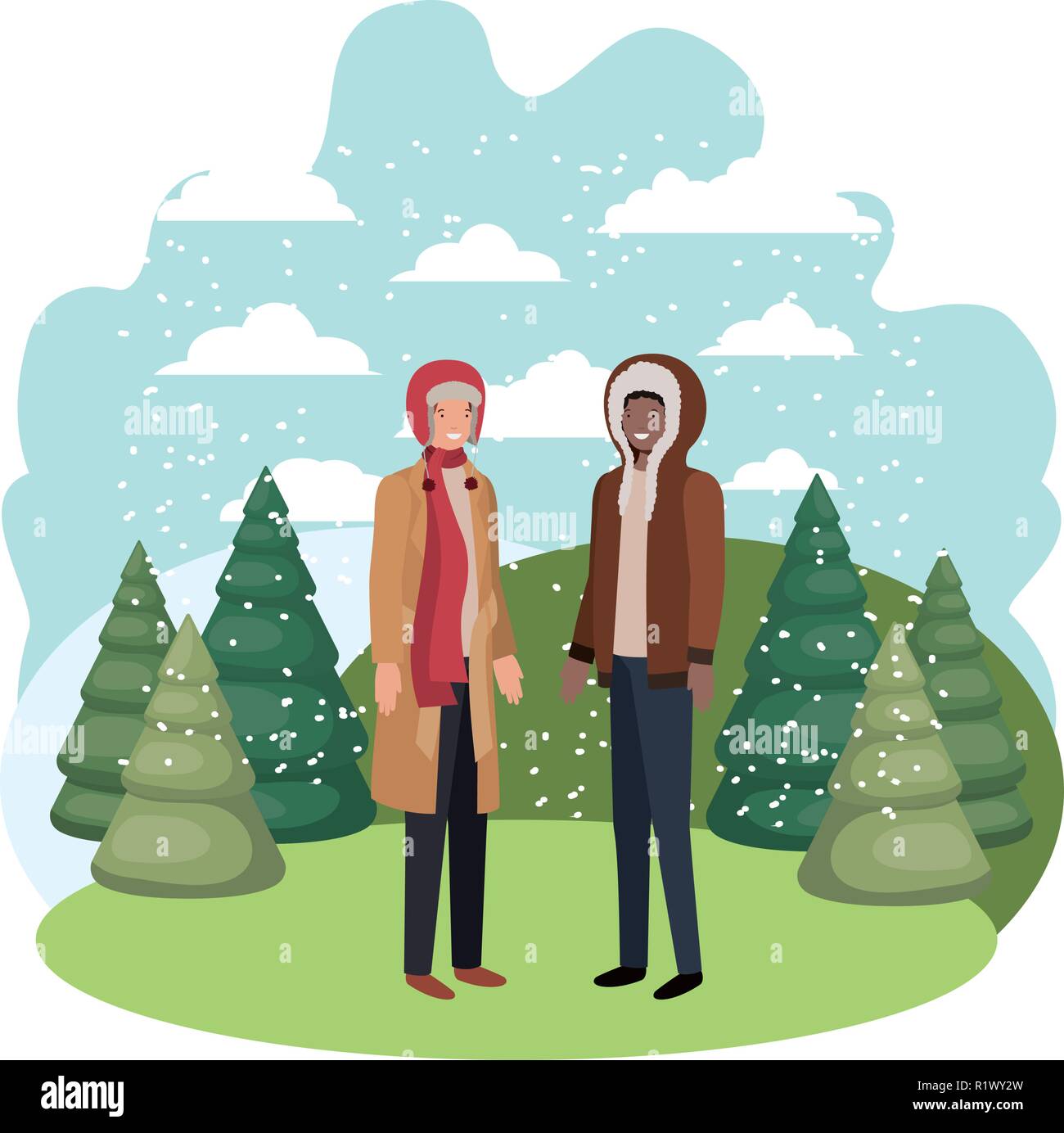men with winter clothes and winter pine trees avatar character Stock ...