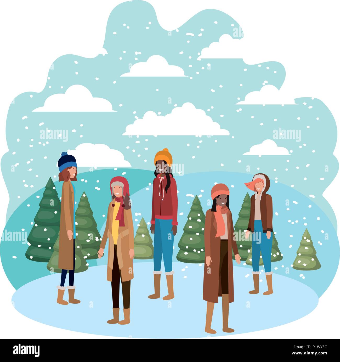 women with winter clothes and winter pines avatar character Stock ...