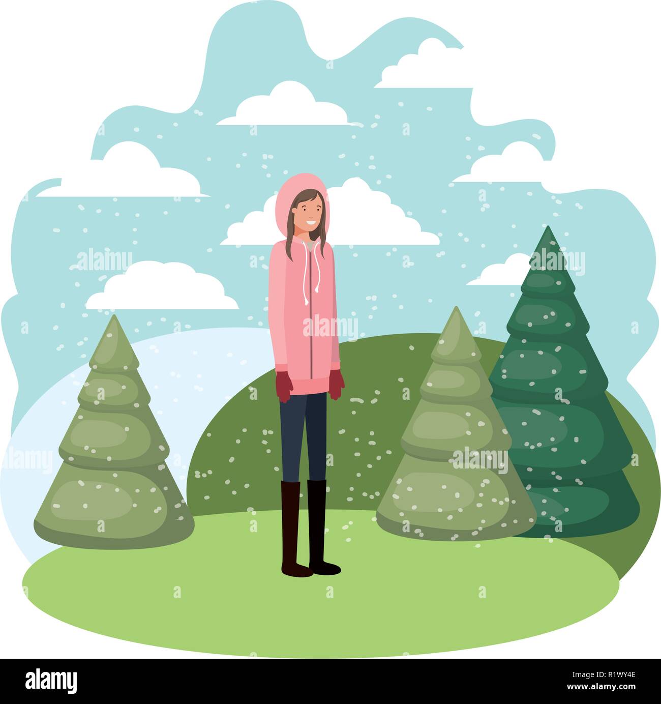 young woman with winter clothes and winter pines avatar character Stock ...