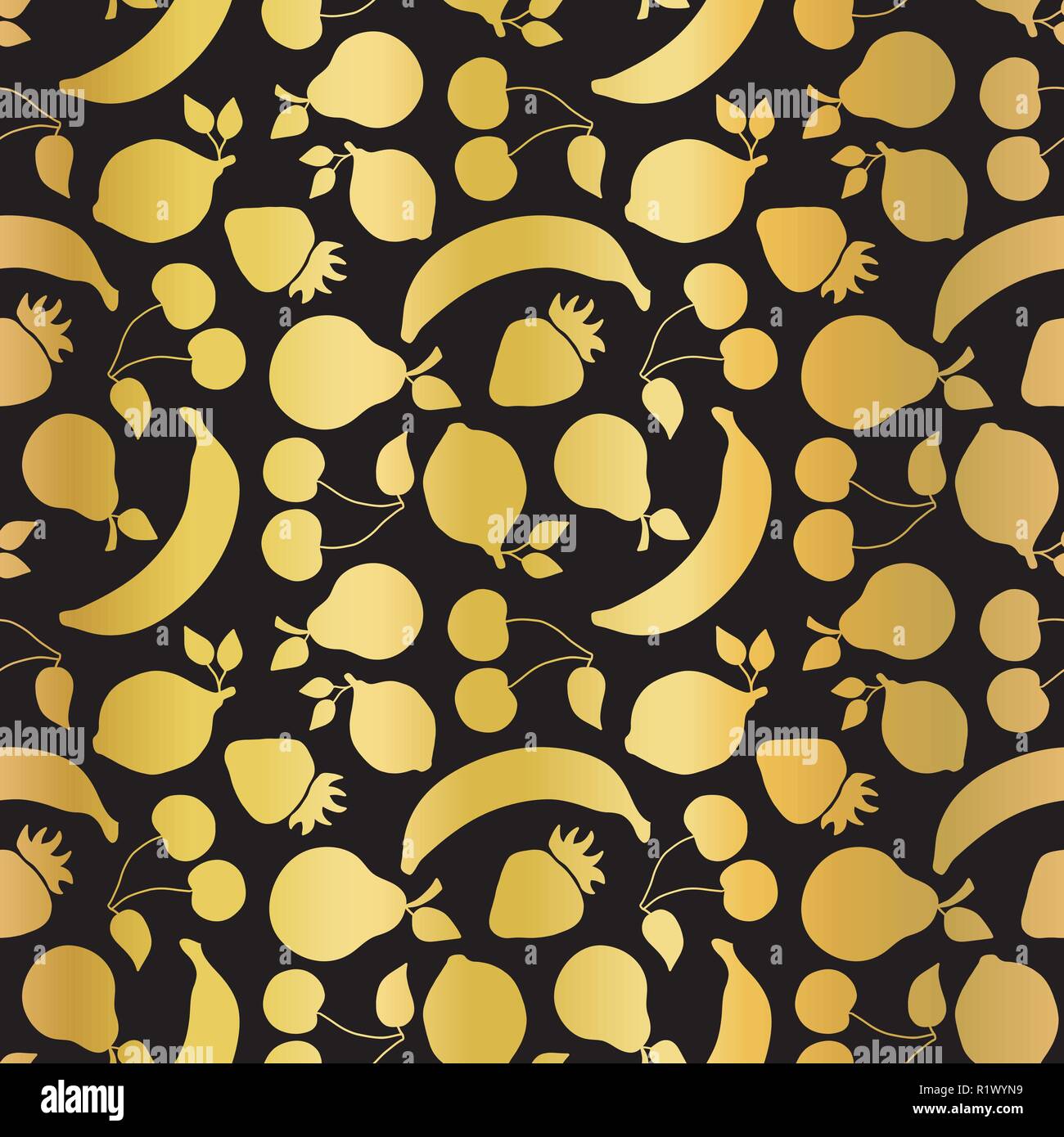 Gold foil fruits seamless vector pattern. Golden shiny strawberry, pear ...