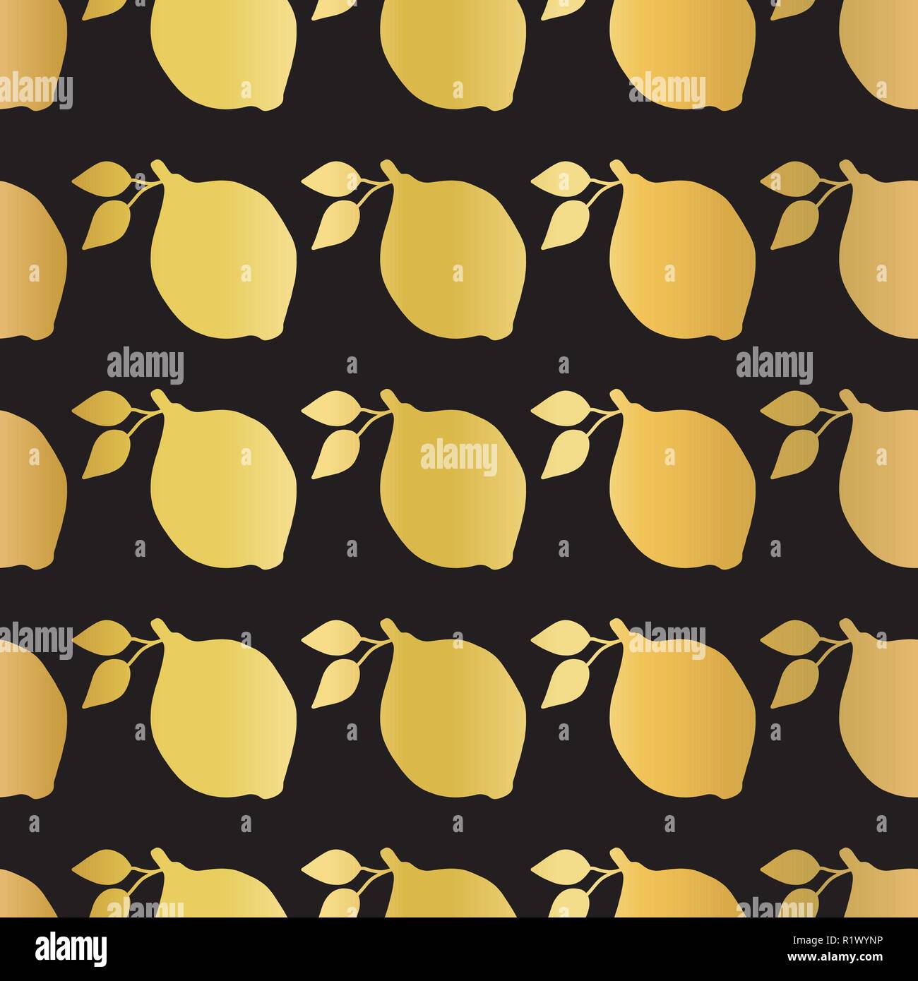 Gold foil lemon seamless vector pattern. Golden shiny lemons in rows on ...
