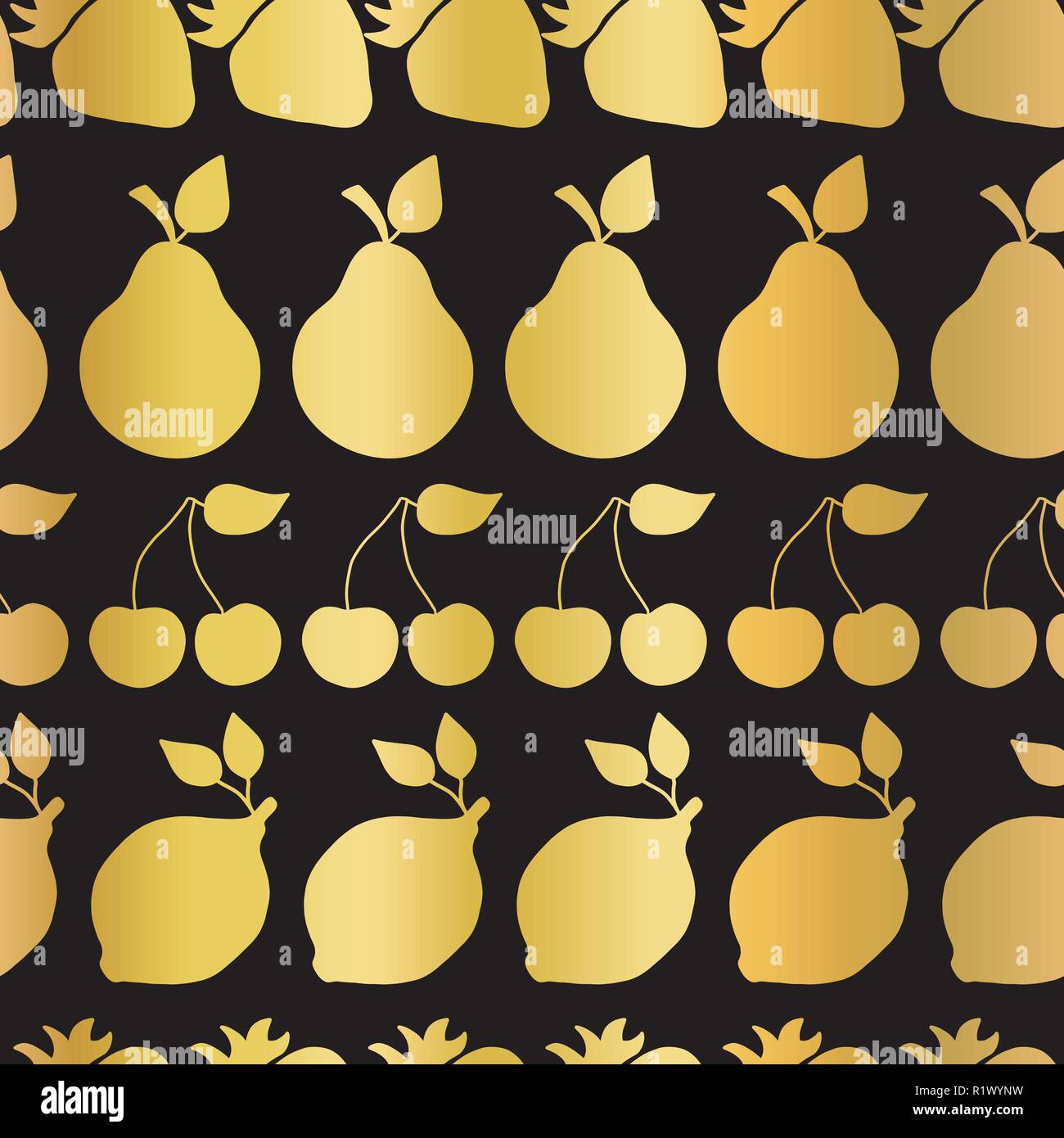 Gold foil fruits seamless vector pattern. Golden shiny strawberry, pear ...