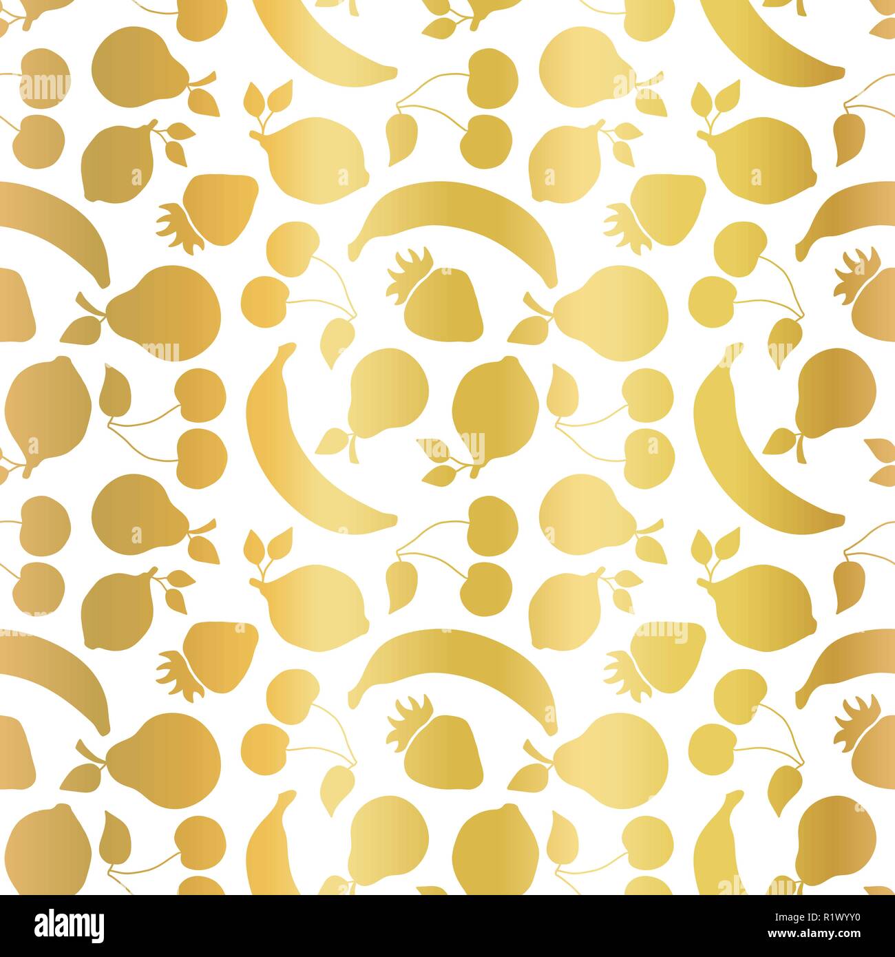 Gold foil fruits seamless vector pattern. Golden shiny strawberry, pear ...