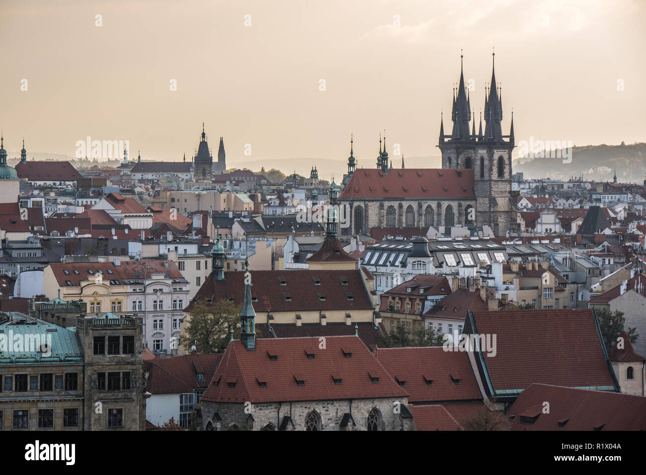 Amazing landscape of Prague, with a view of the roofs, the spires and ...