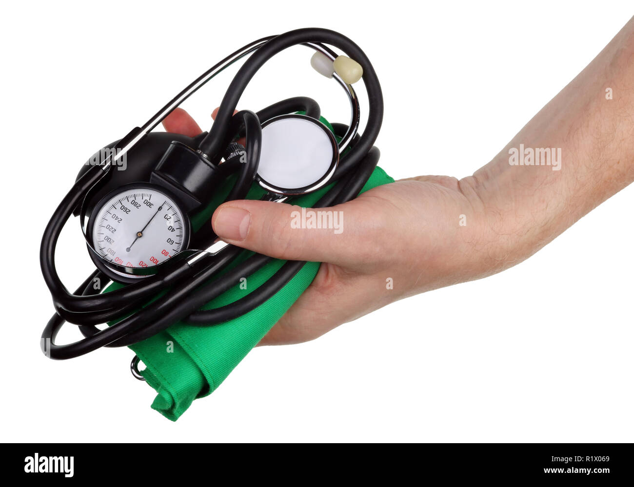 The old man holds in his hand a medical device for measuring the ...