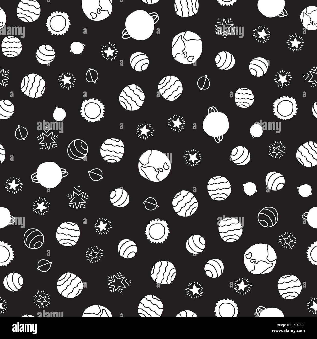 Space planets seamless vector pattern background. White hand drawn ...