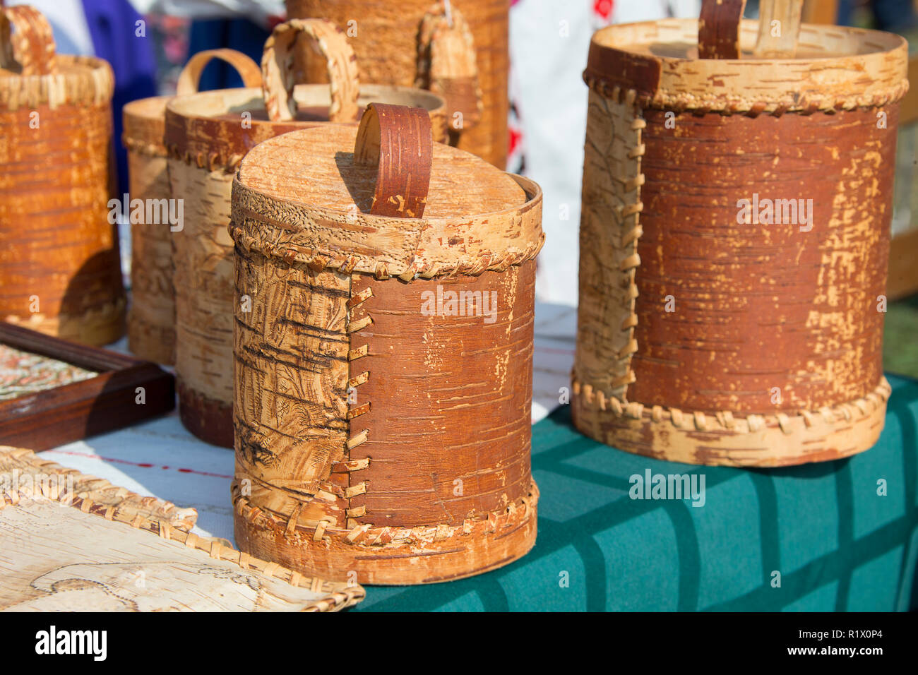 Birch-bark box.Hand baskets of birch bark. Birch barrels Stock Photo ...